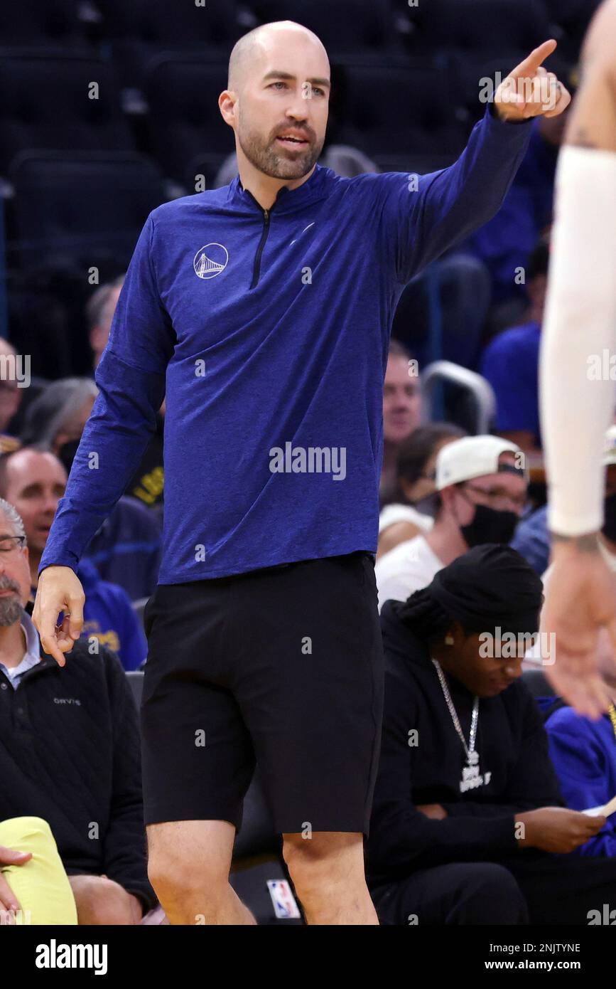 Golden State Warriors' head coach Seth Cooper gestures during a ...