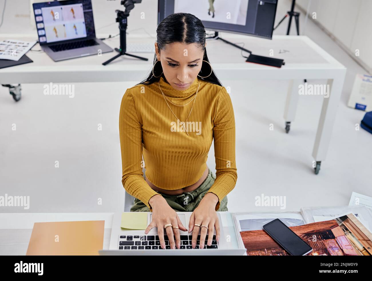 Photography editing, creative typing and woman working on web software ...