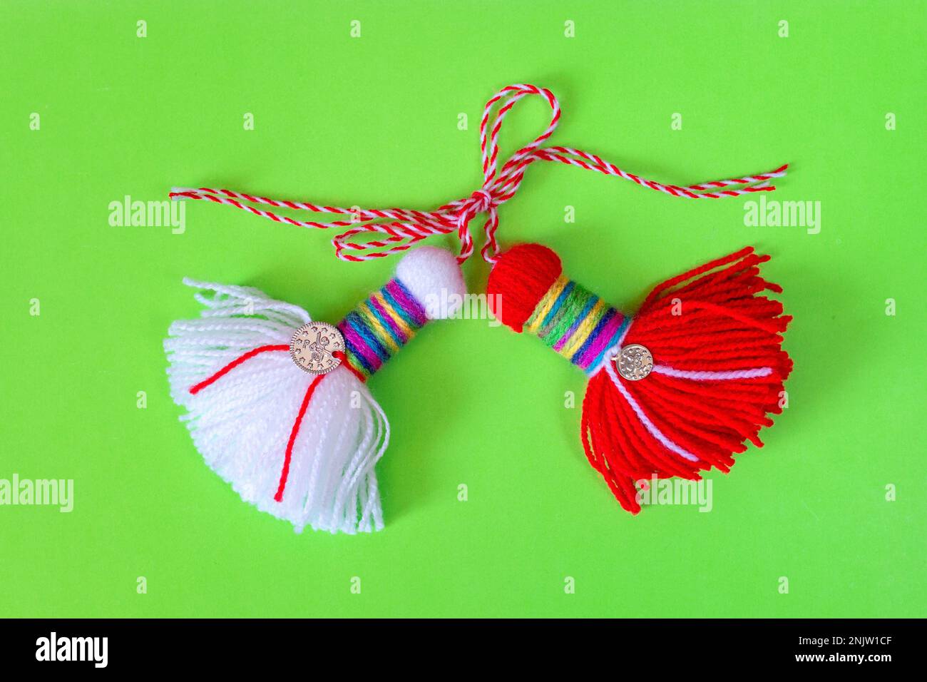 Bulgarian symbol of spring white and red martenitsa on green background ...