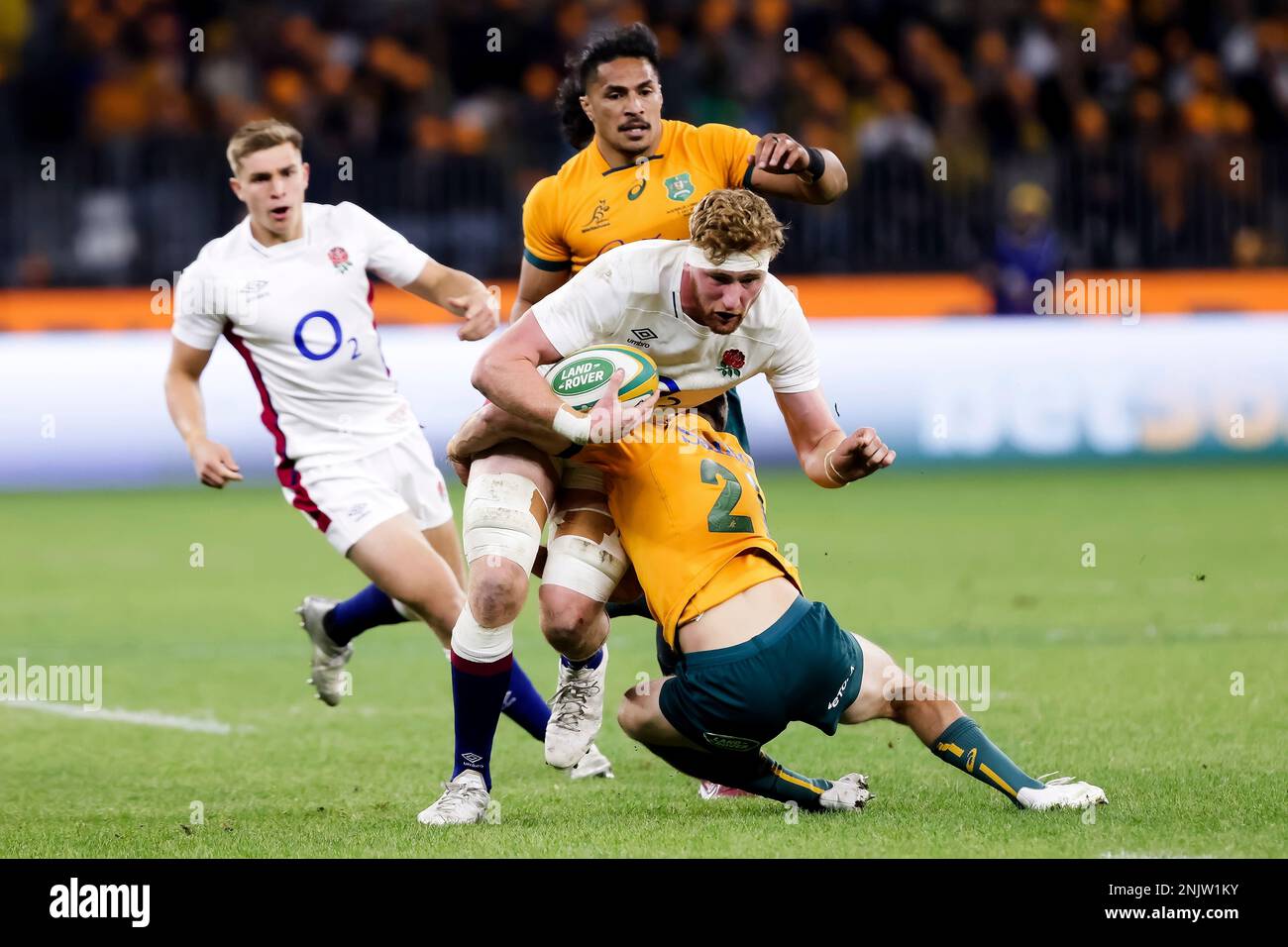 PERTH, AUSTRALIA - JULY 02: Ollie Chessum of England is tackled during ...