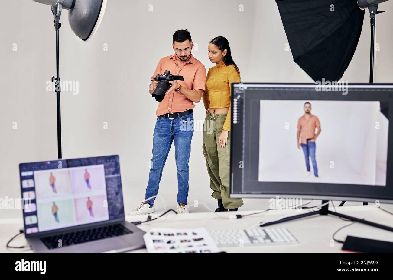 Collaboration, photographer and startup people in studio set with ...