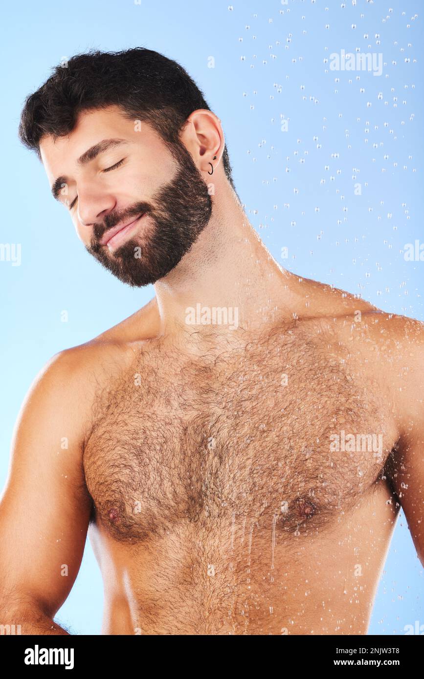 Body care, relax and man in studio for skincare, grooming and hygiene ...