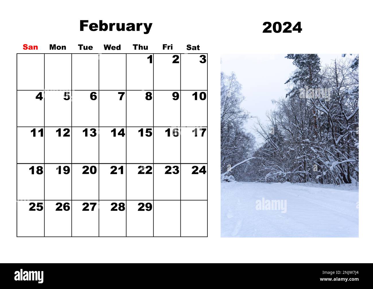 Calendar for 2024, February, with a photo of nature Stock Photo - Alamy