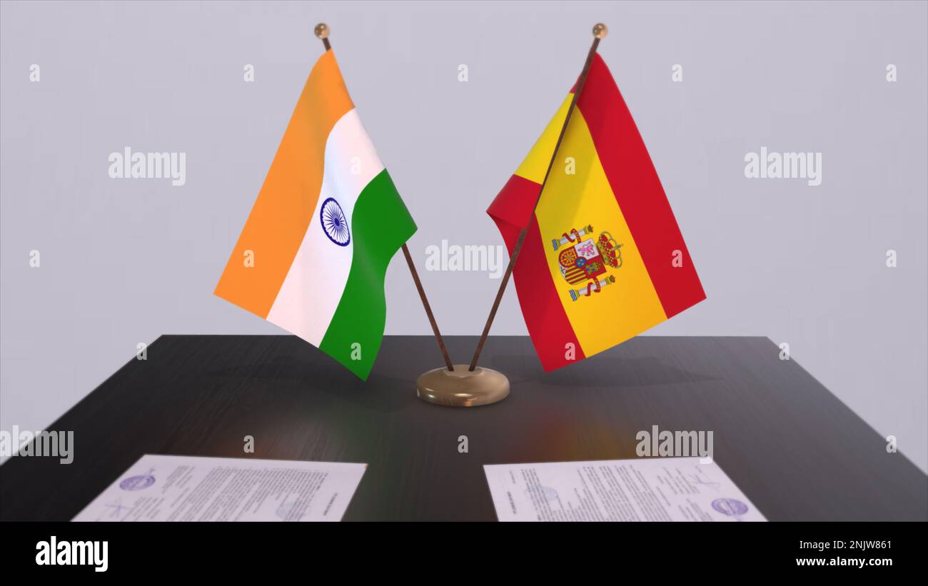 Spain and India national flags. Partnership deal 3D illustration ...