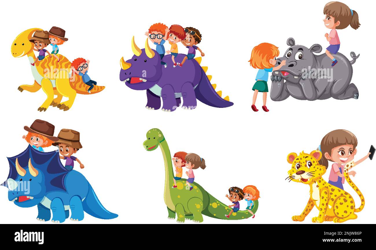 Set of children cartoon character riding dinosaur illustration Stock ...