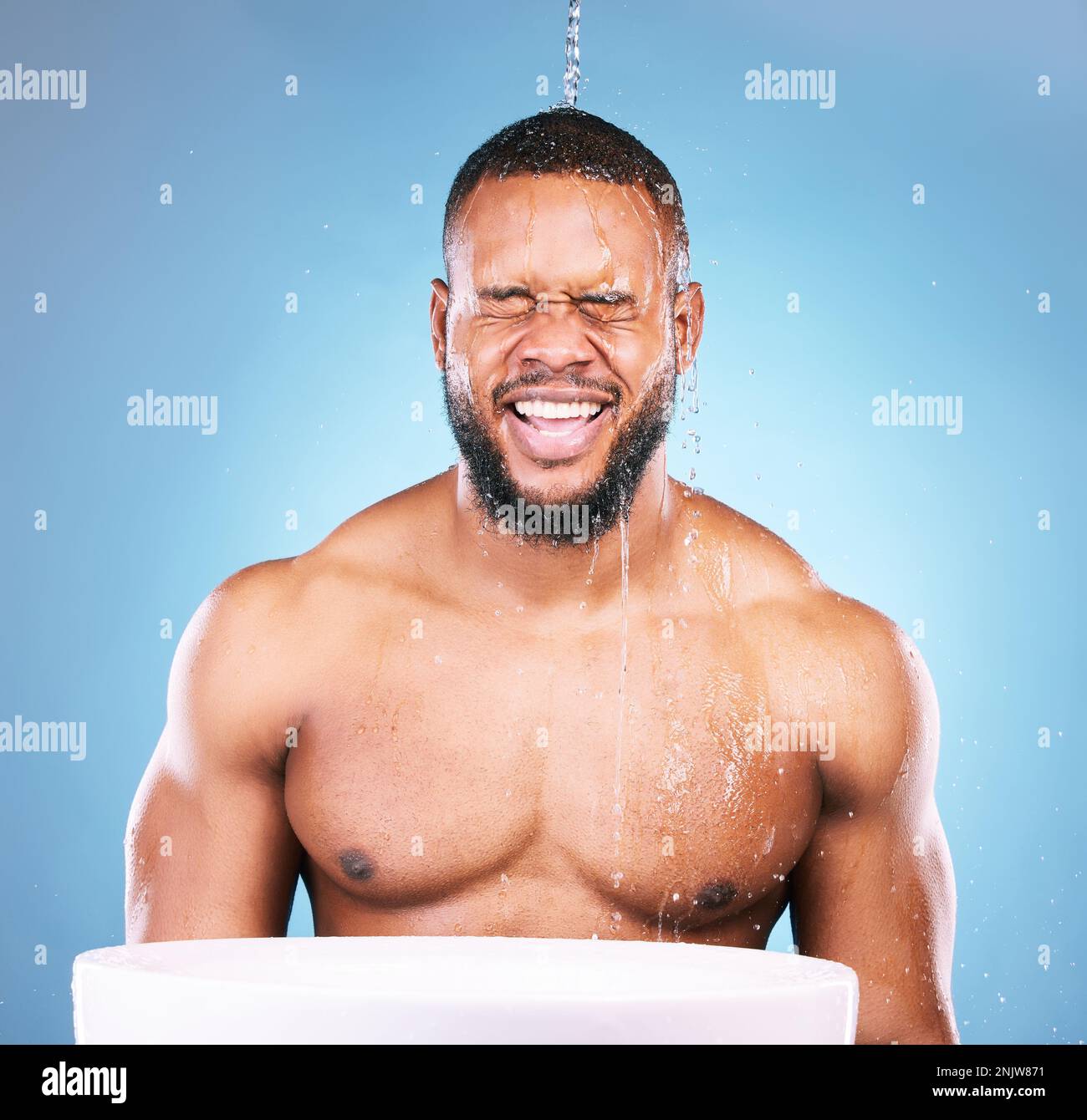 Water, happy or black man cleaning face for beauty, body skincare or ...