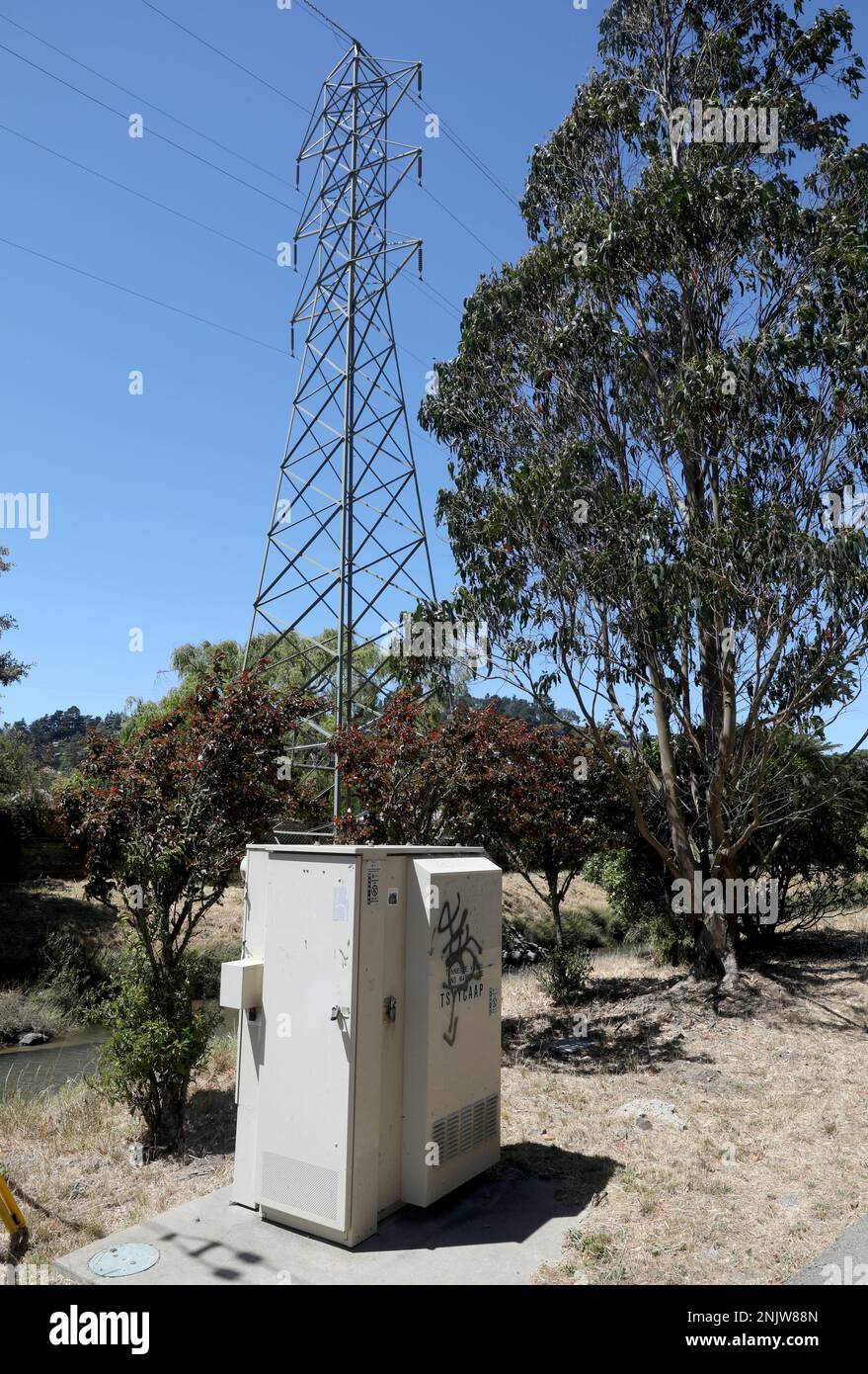 Marin power line seen behind a ATT underground power line at Tennessee ...