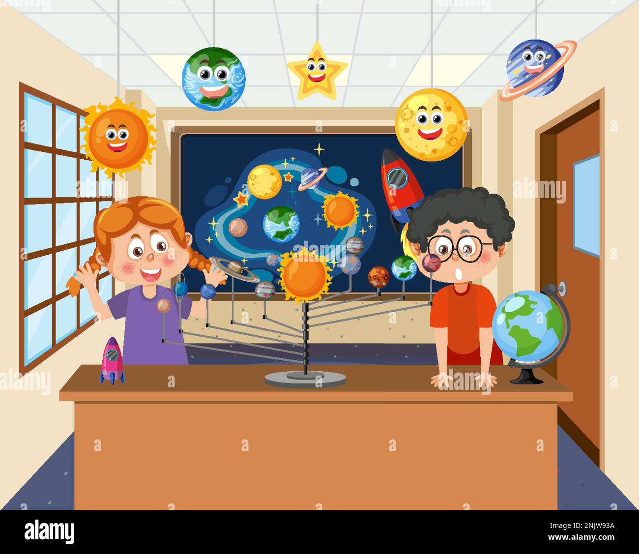 Kids studying astronomy planet illustration Stock Vector Image & Art ...