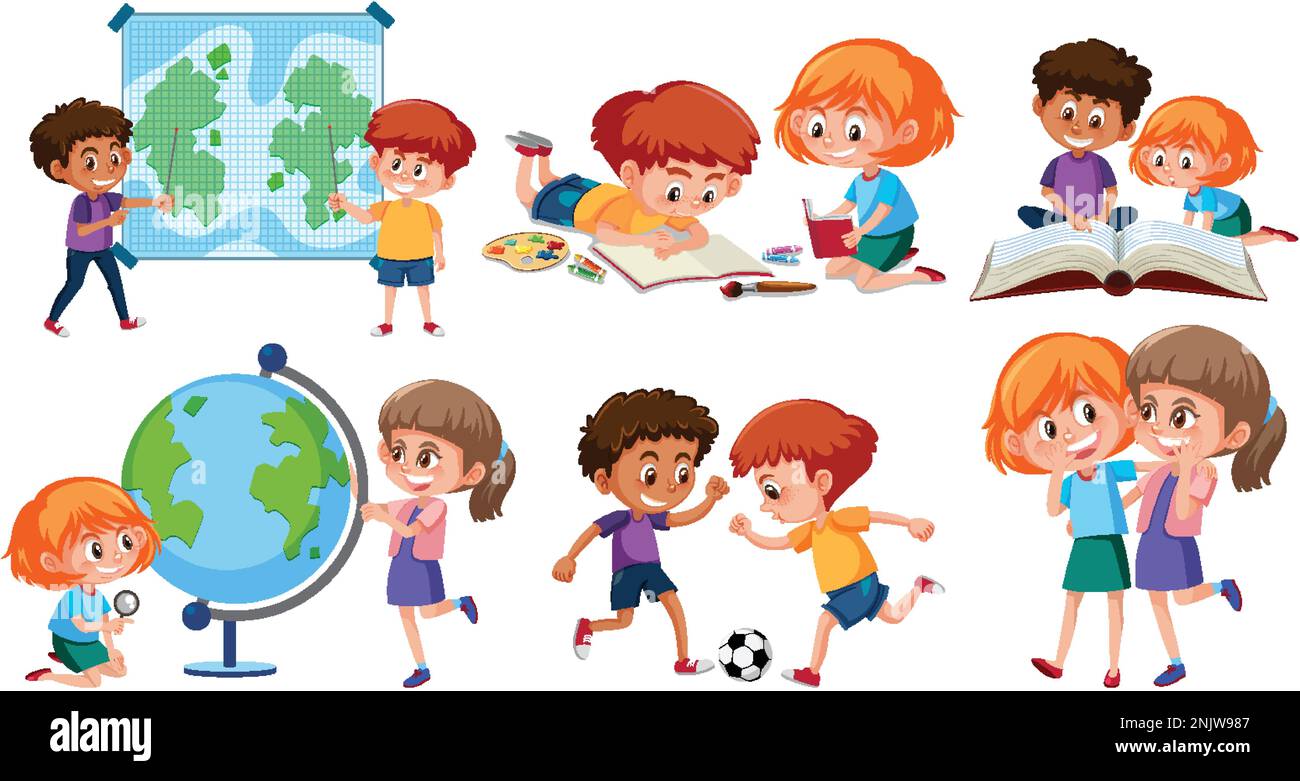 Set of children cartoon character learning different subjects ...