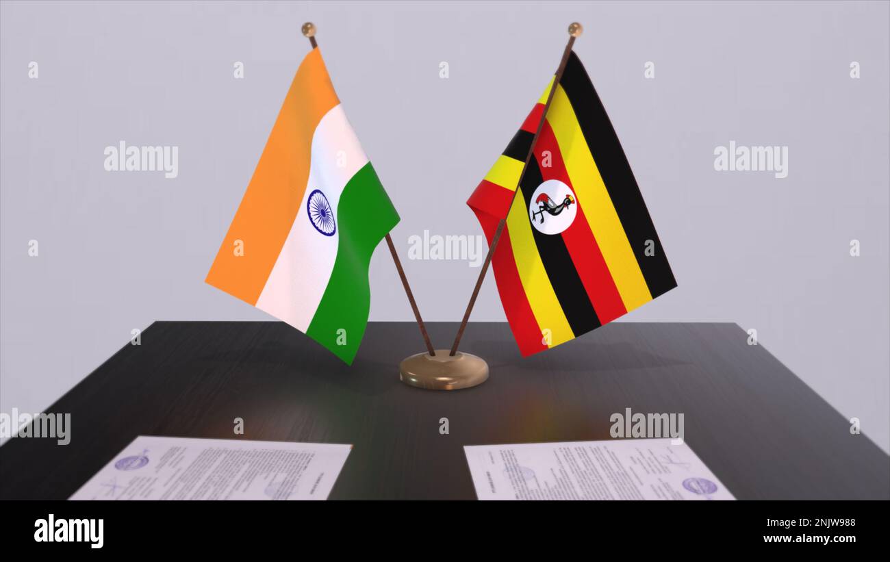 Uganda and India national flags. Partnership deal 3D illustration ...