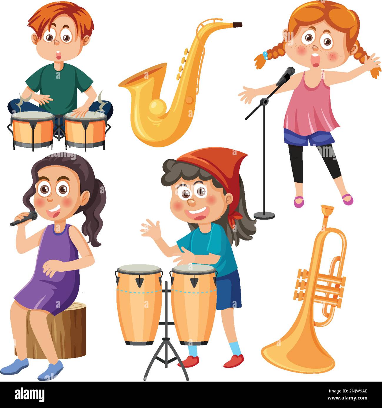 Set of cartoon kids character with music instruments illustration Stock ...