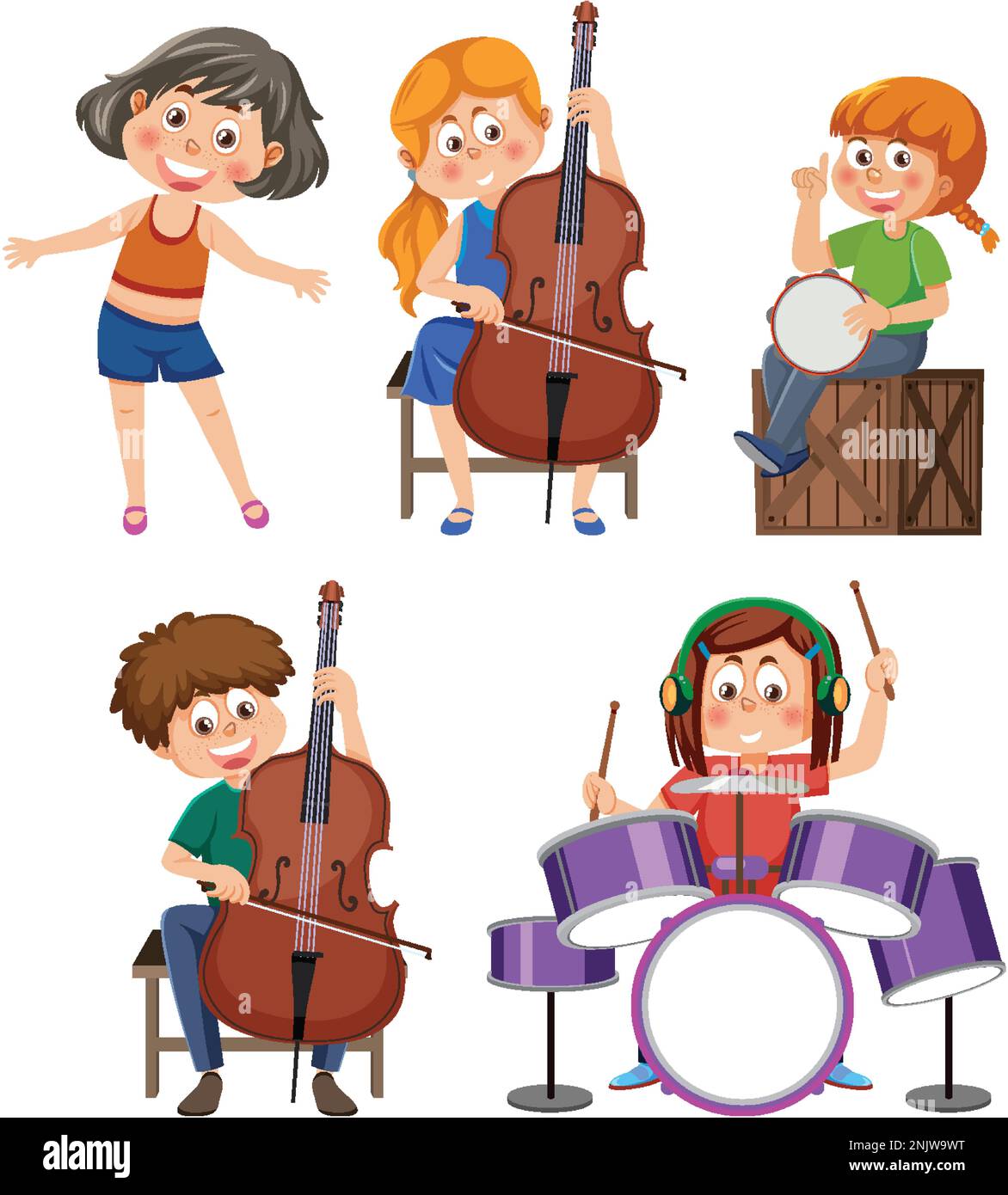Set of cartoon kids character with music instruments illustration Stock ...