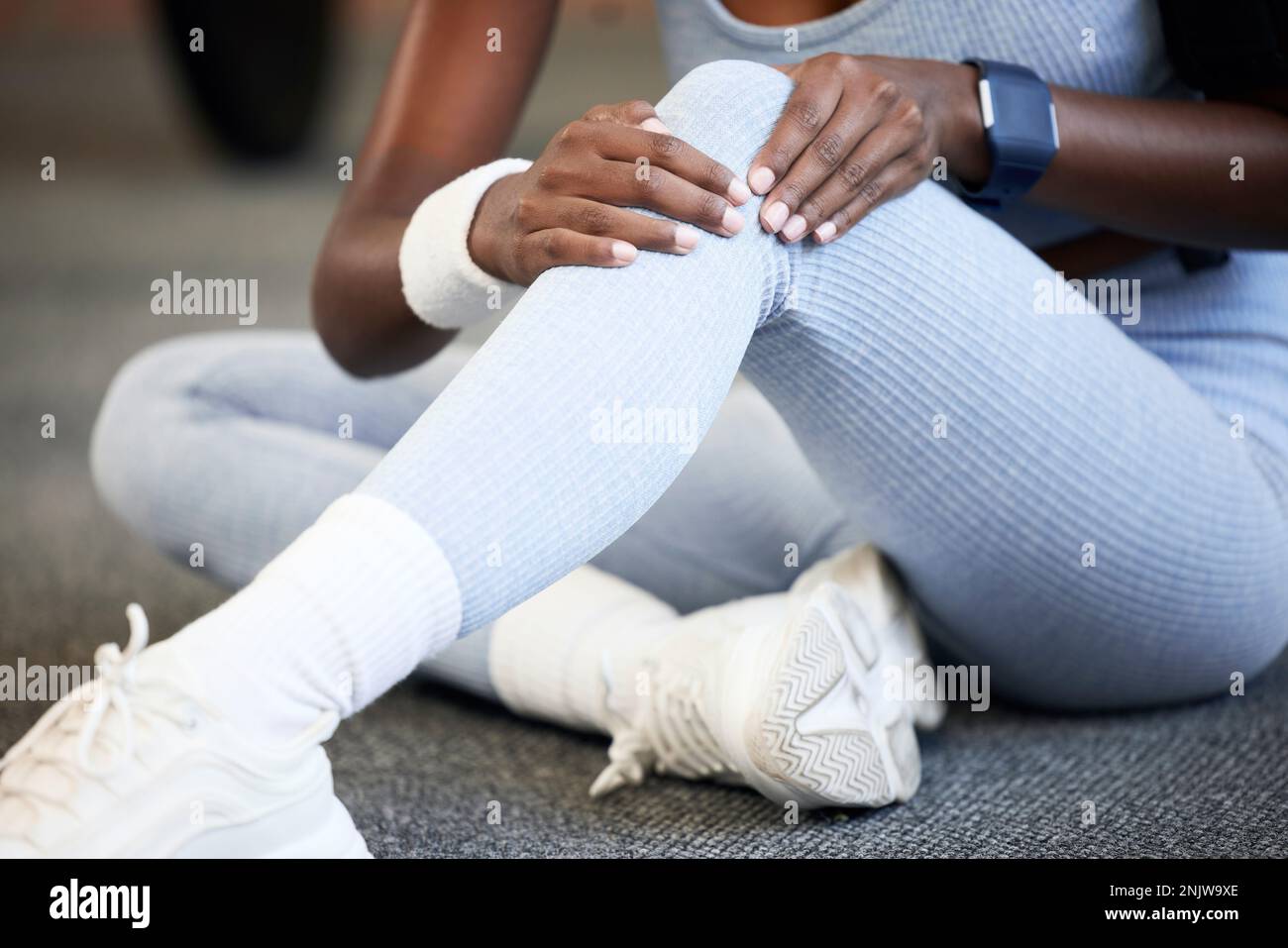 Fitness, injury or hands on knee pain at gym after exercising, body ...