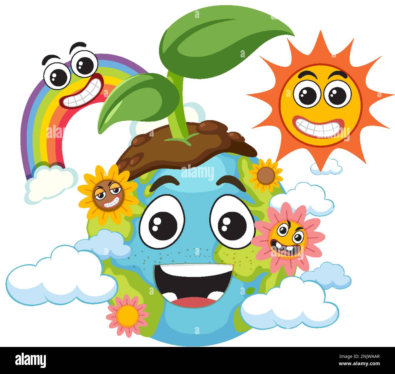 Happy earth character with sun and rainbow illustration Stock Vector ...