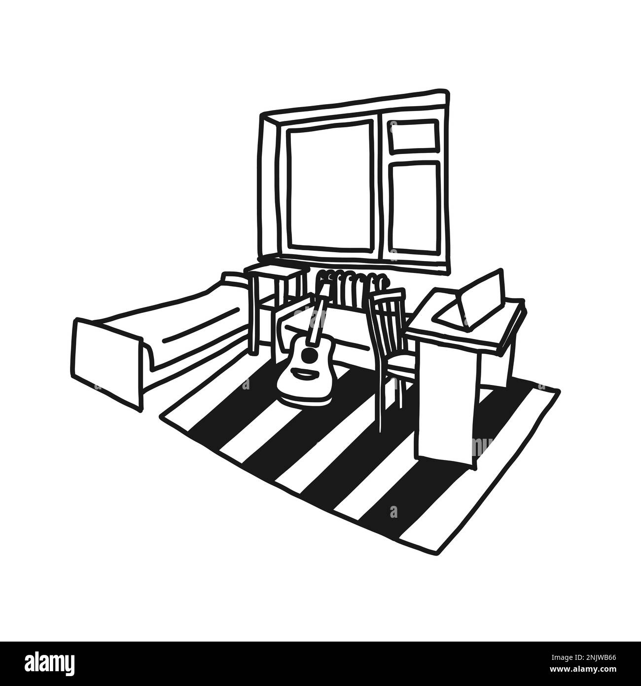 Student room in cartoon doodle outline style. Vector illustration ...