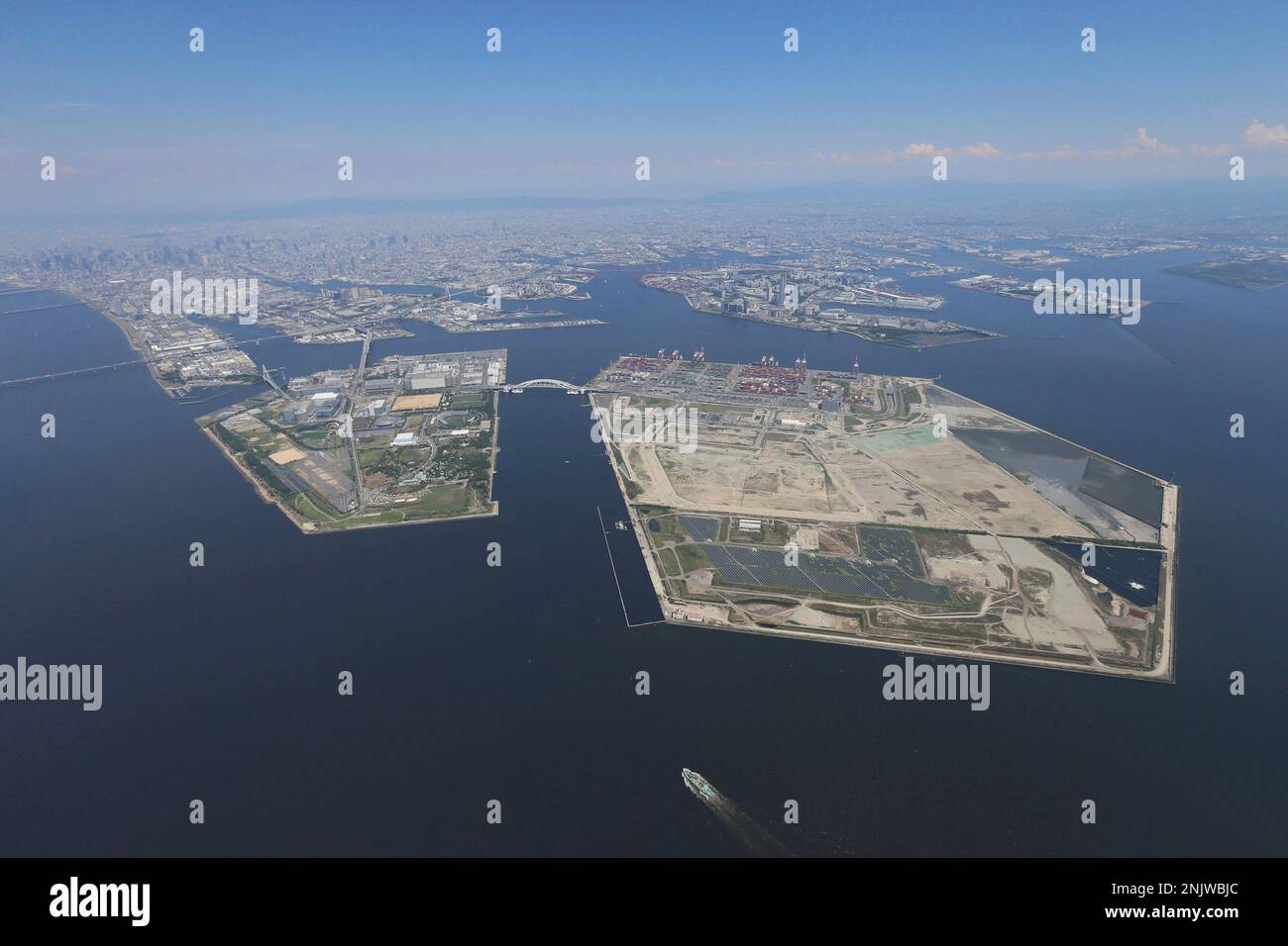 An aerial photo shows an artificial island of Yumeshima, a venue of the ...