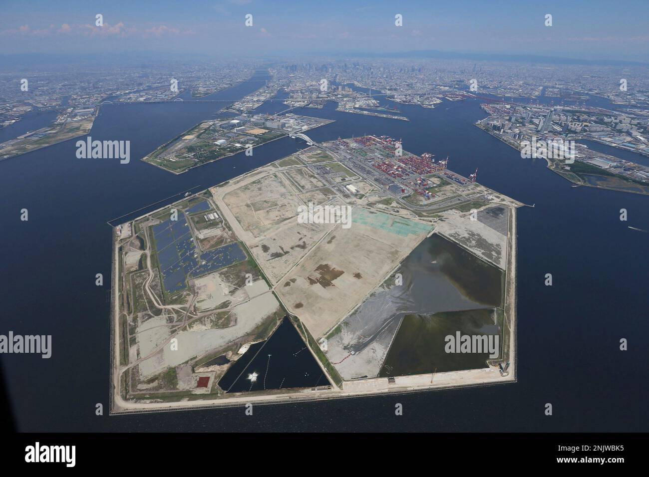 An aerial photo shows an artificial island of Yumeshima, a venue of the ...