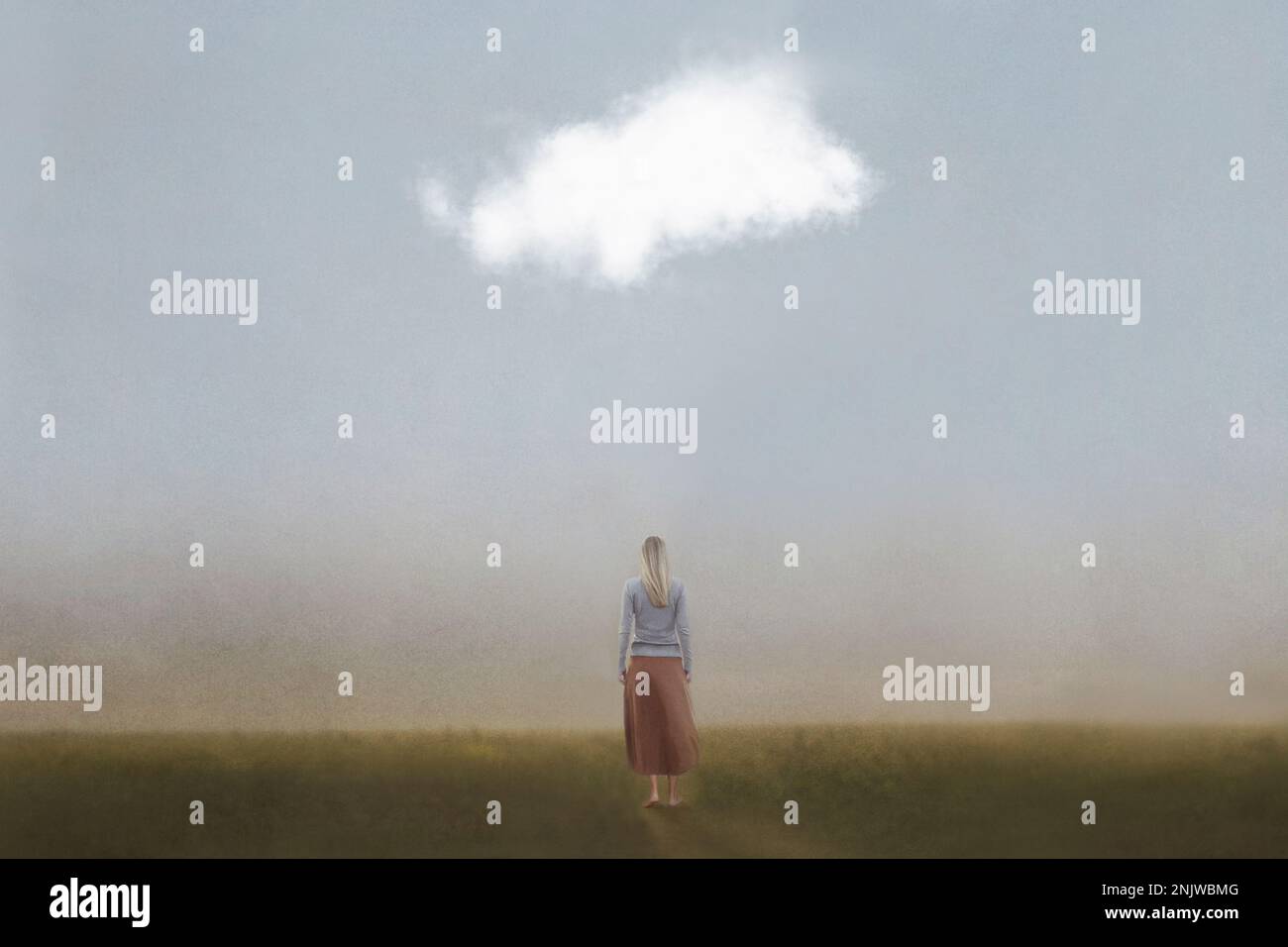 surreal woman walking in a meadow with a cloud above her, concept of ...