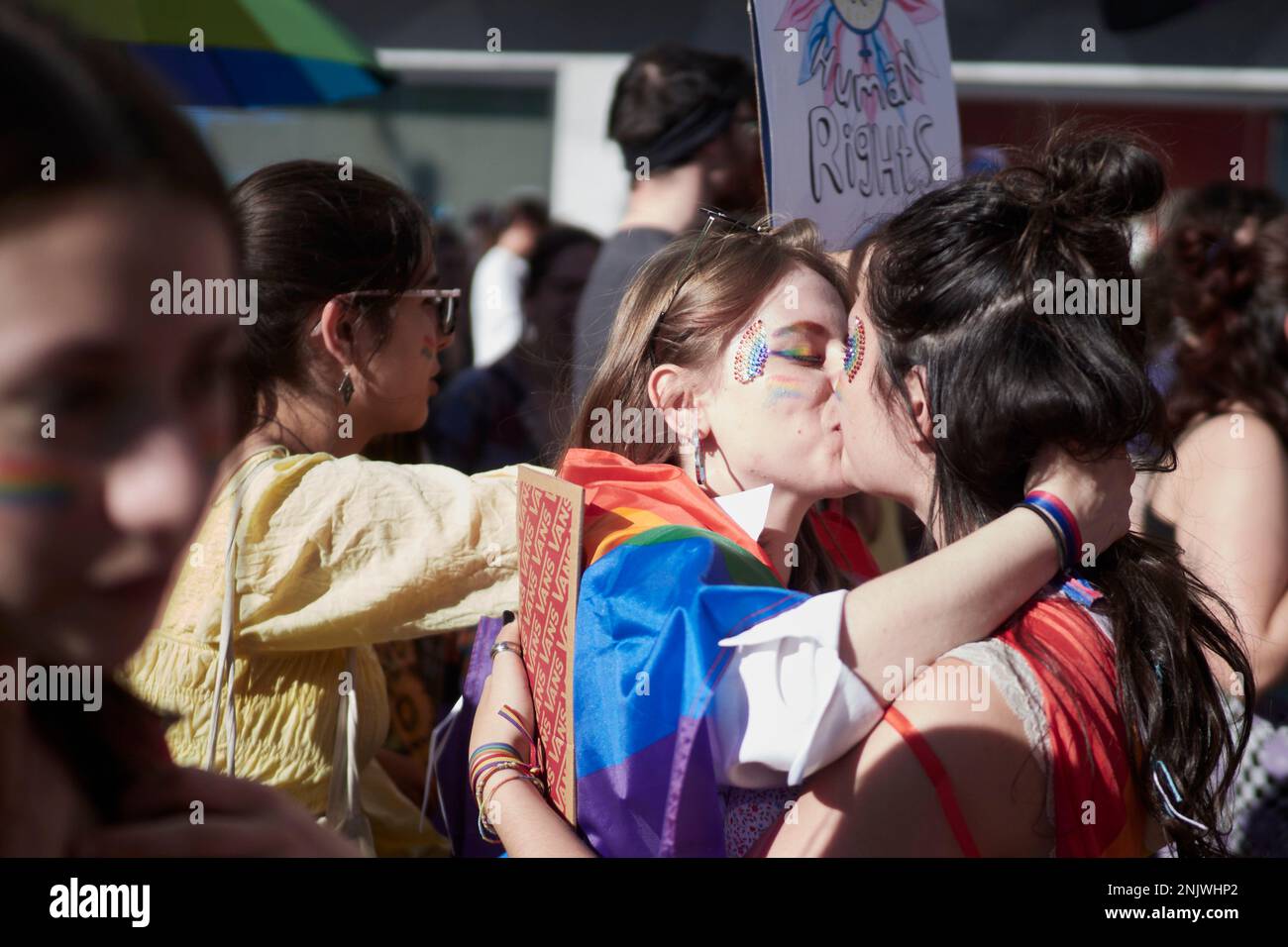 Two people kiss during a demonstration for LGTBI Pride, June 28, 2022 ...