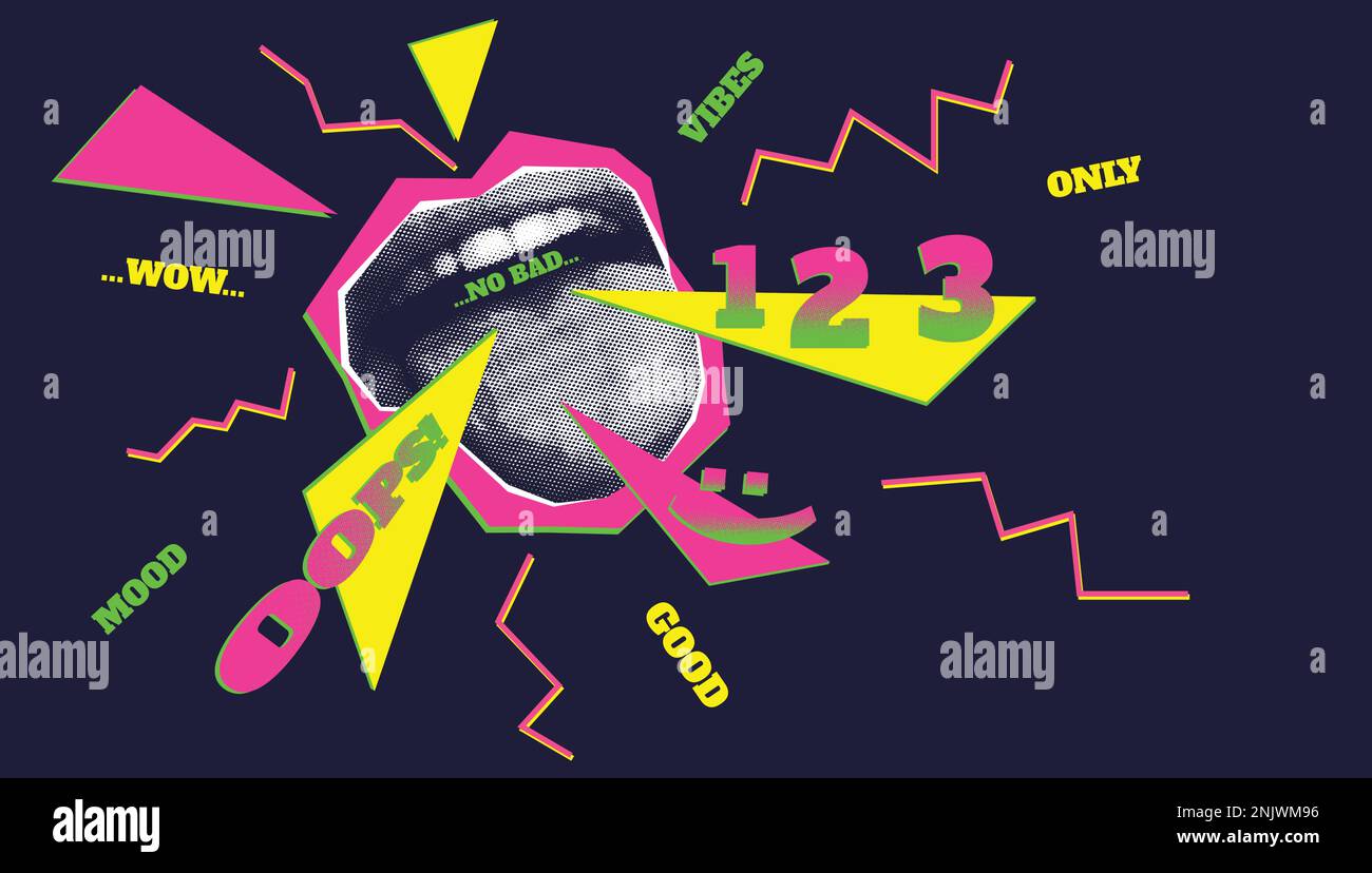 Art collage grunge banner. Cutting out halftone lips, tongue, teeth ...