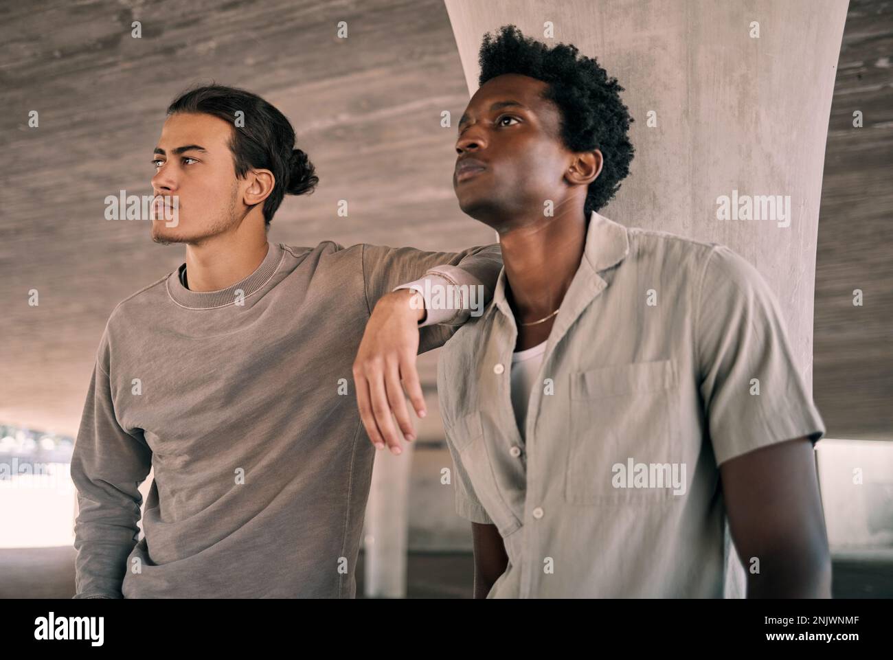 Gen z men, city and friends with fashion vision, support and outdoor ...