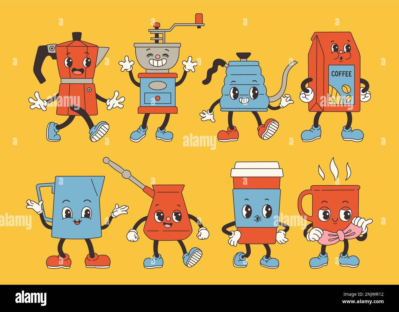 Groovy coffee set character old classic cartoon style. Retro Mascot ...