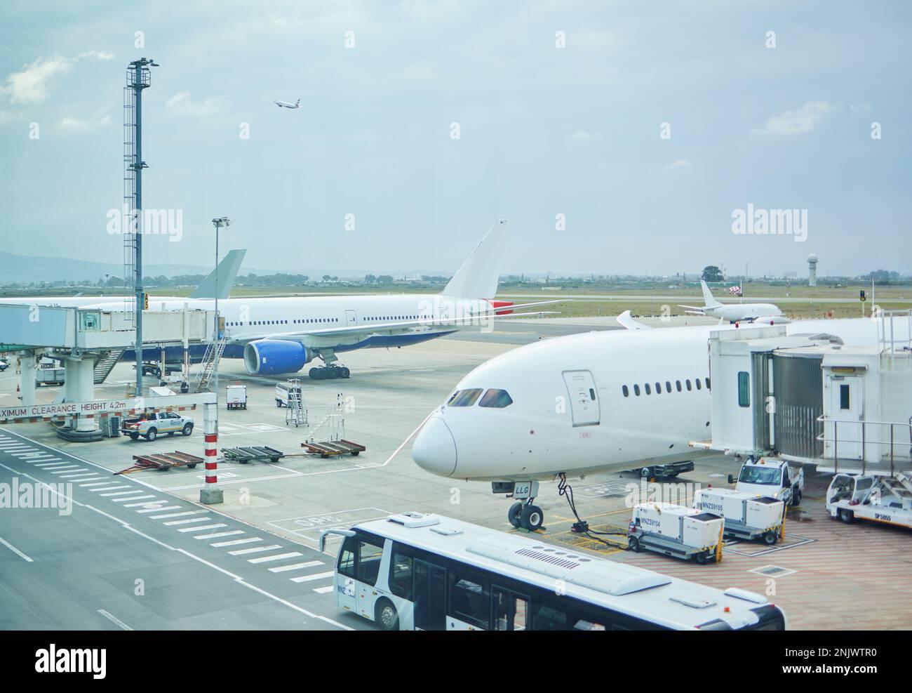 Airplane, bus or loading luggage on runway for traveling outdoors at ...