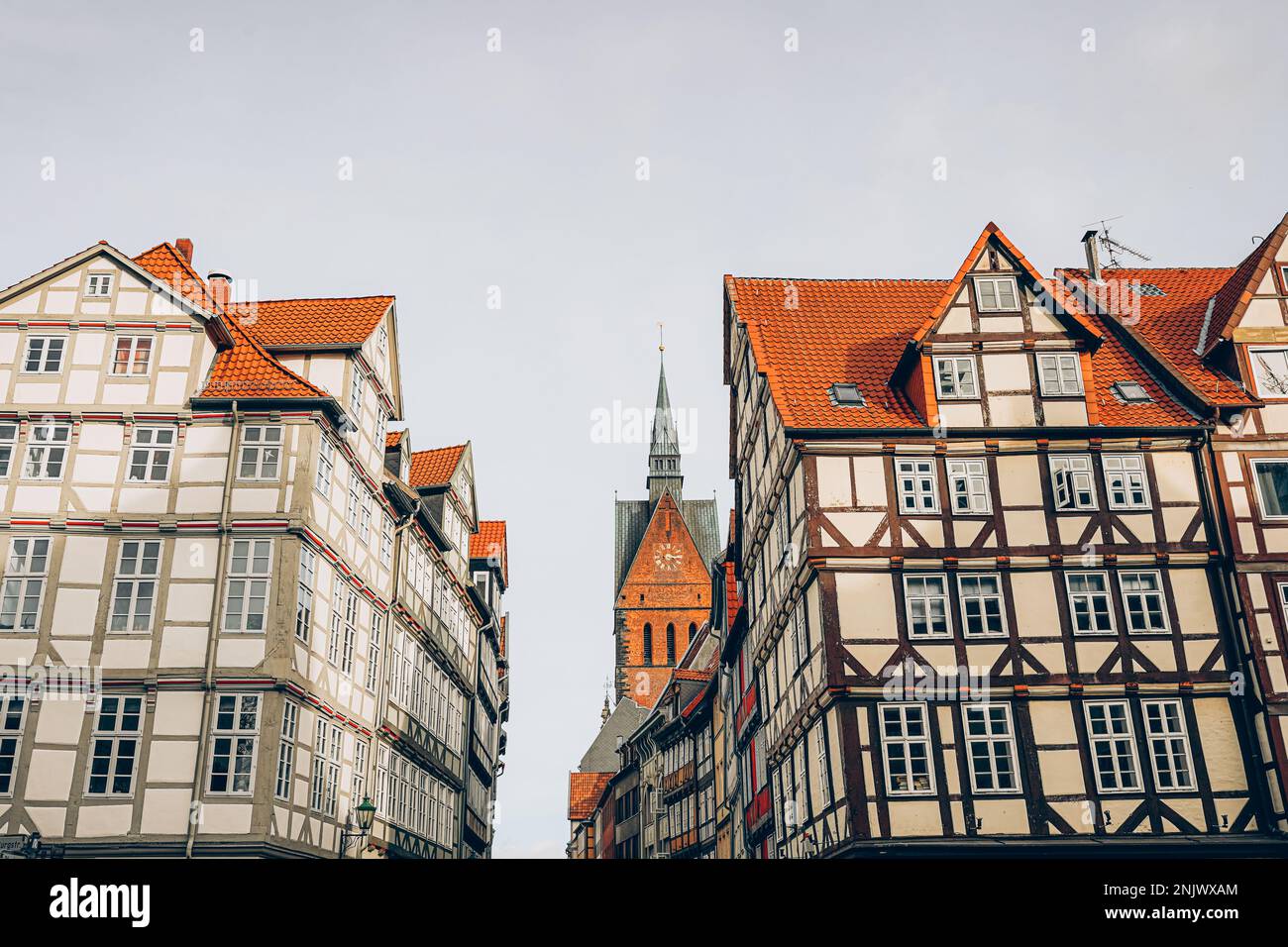 Old town and Marktkirche church in Hannover, Germany. Half-timbered ...