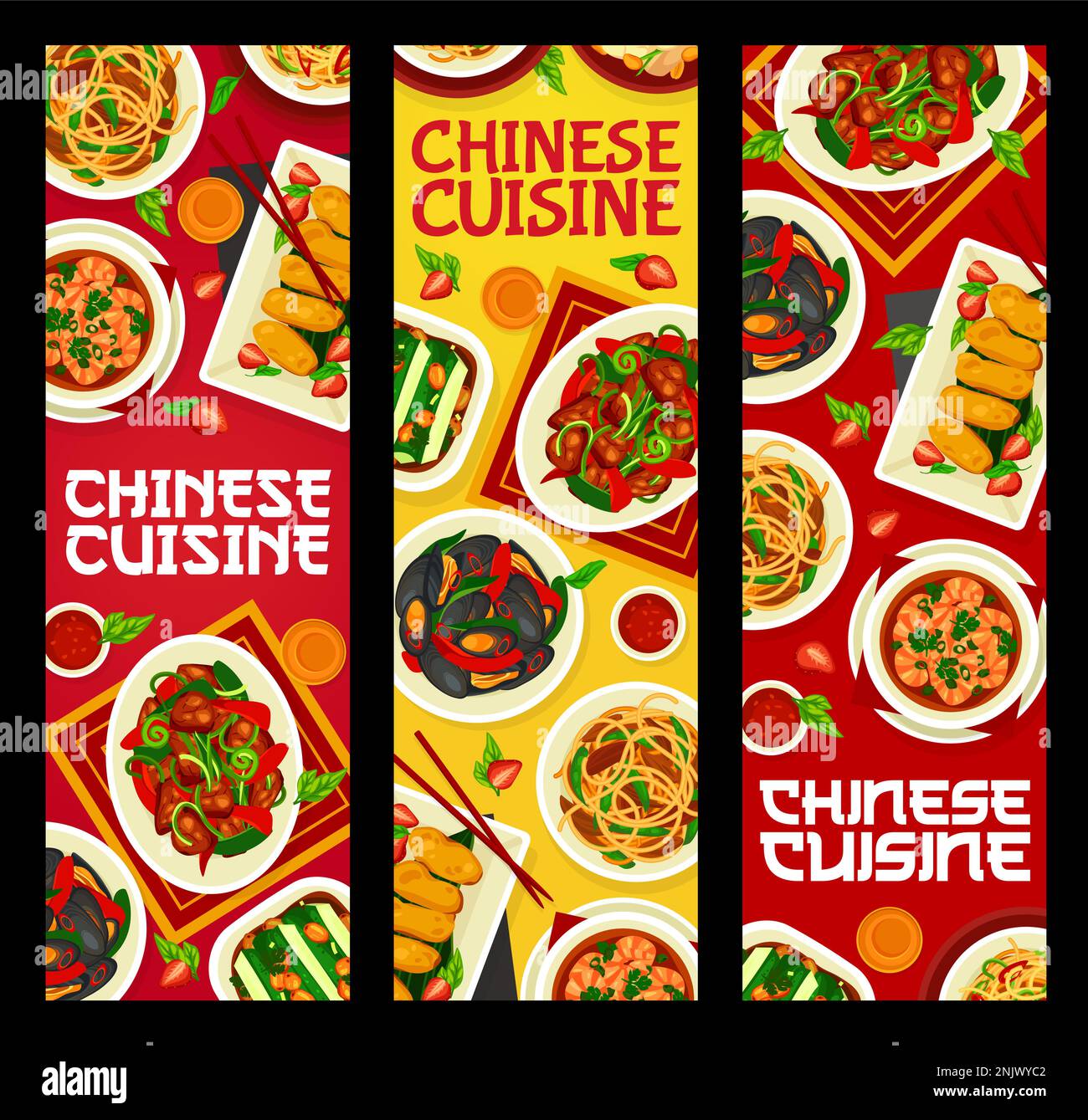 Chinese cuisine food banners, Asian dishes menu and restaurant meals ...