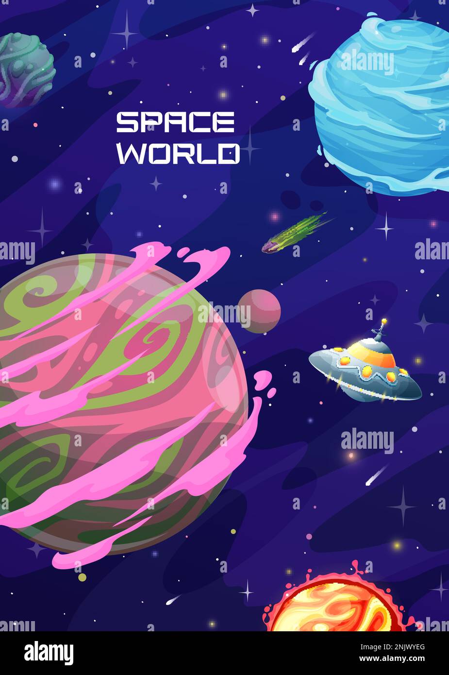 Galaxy space landscape, planets and stars. Vector poster with alien ufo ...