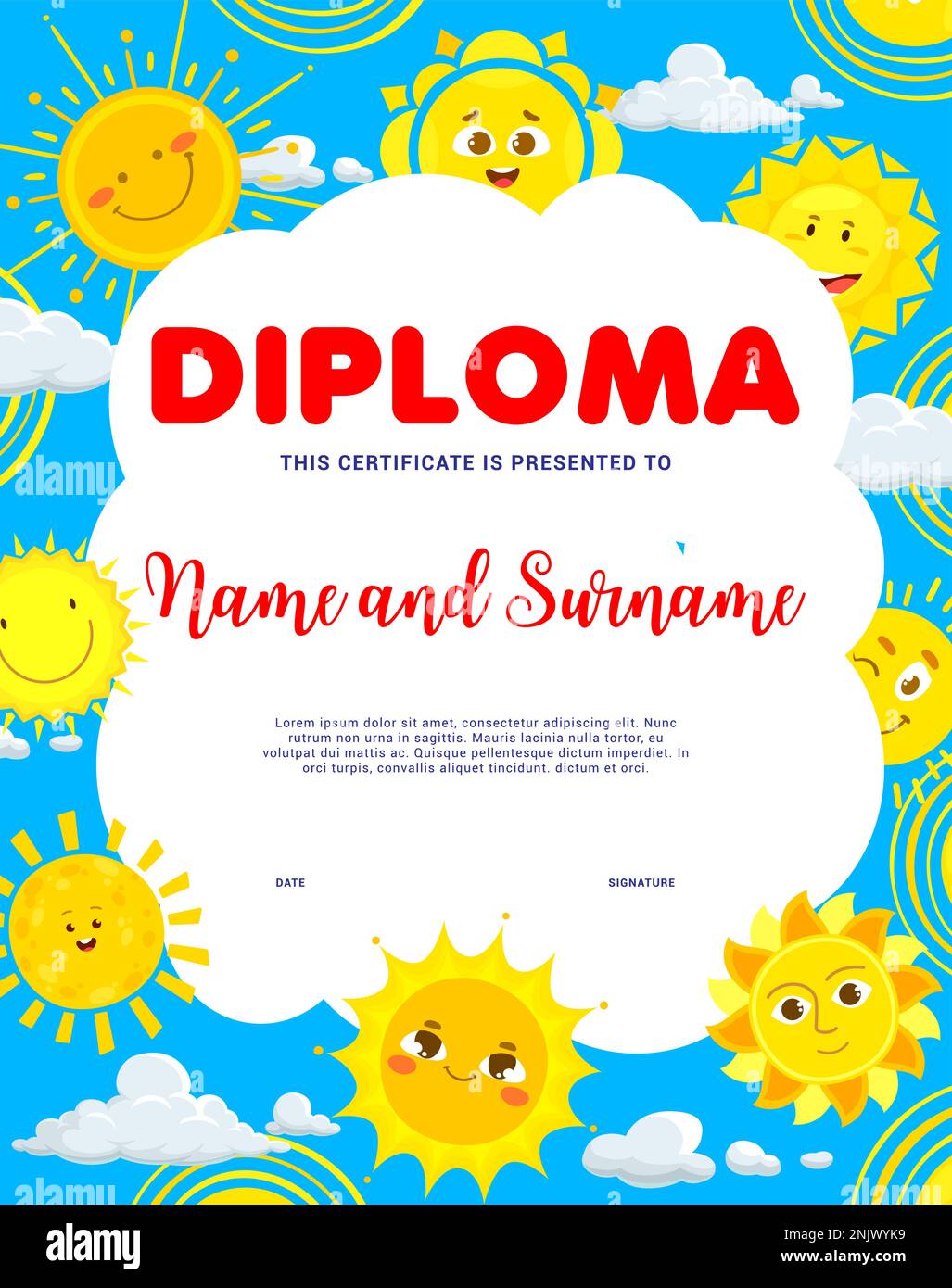 Kids diploma. Funny sun cartoon characters. Kindergarten child ...