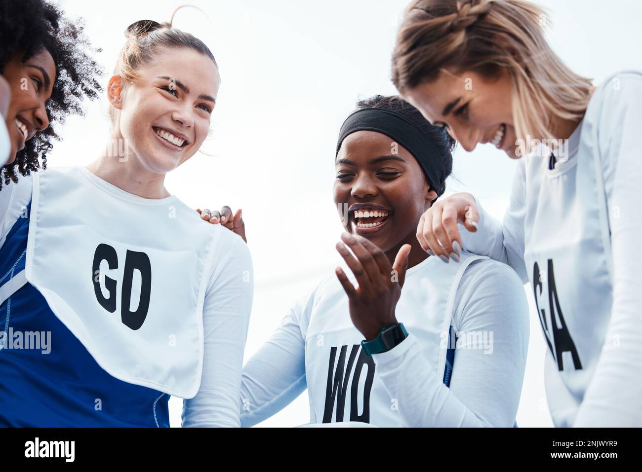 Netball, women or happy group with sports team building, funny ...