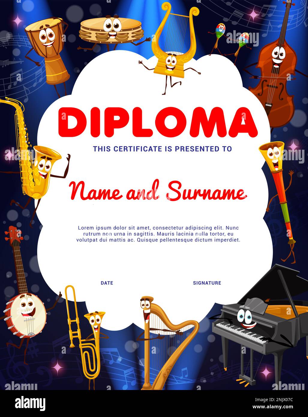 Kids diploma with cartoon musical instrument characters. Educational ...
