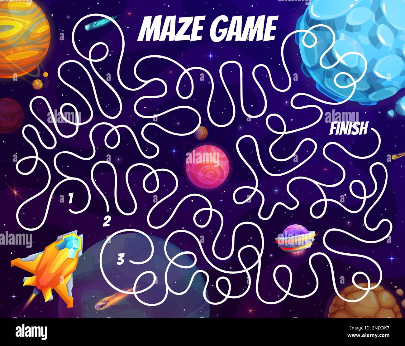 Space labyrinth maze. Spaceship, planets and stars. Child maze puzzle ...