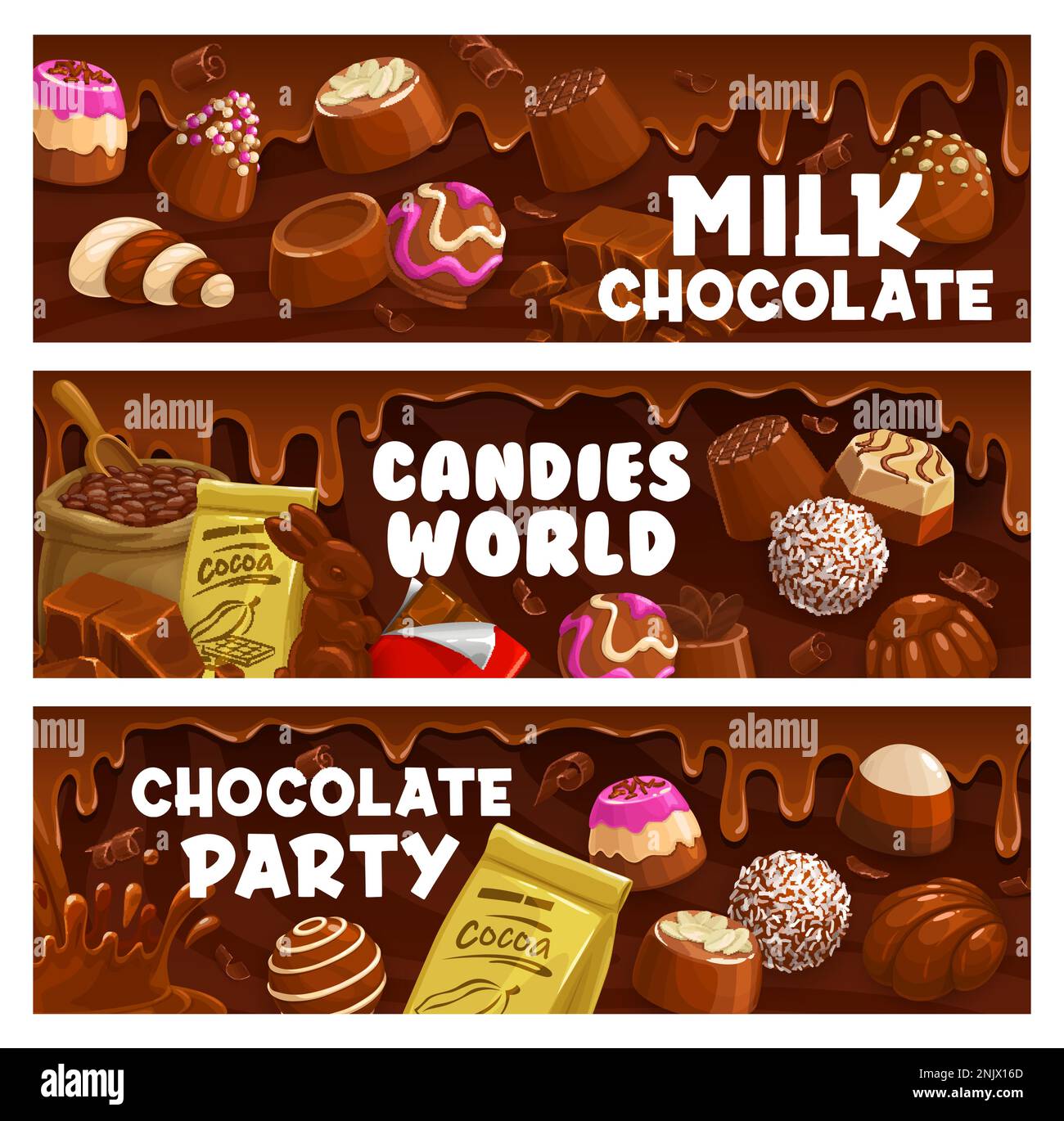 Milk chocolate, praline and fudge candy. Souffle, truffle and jelly ...