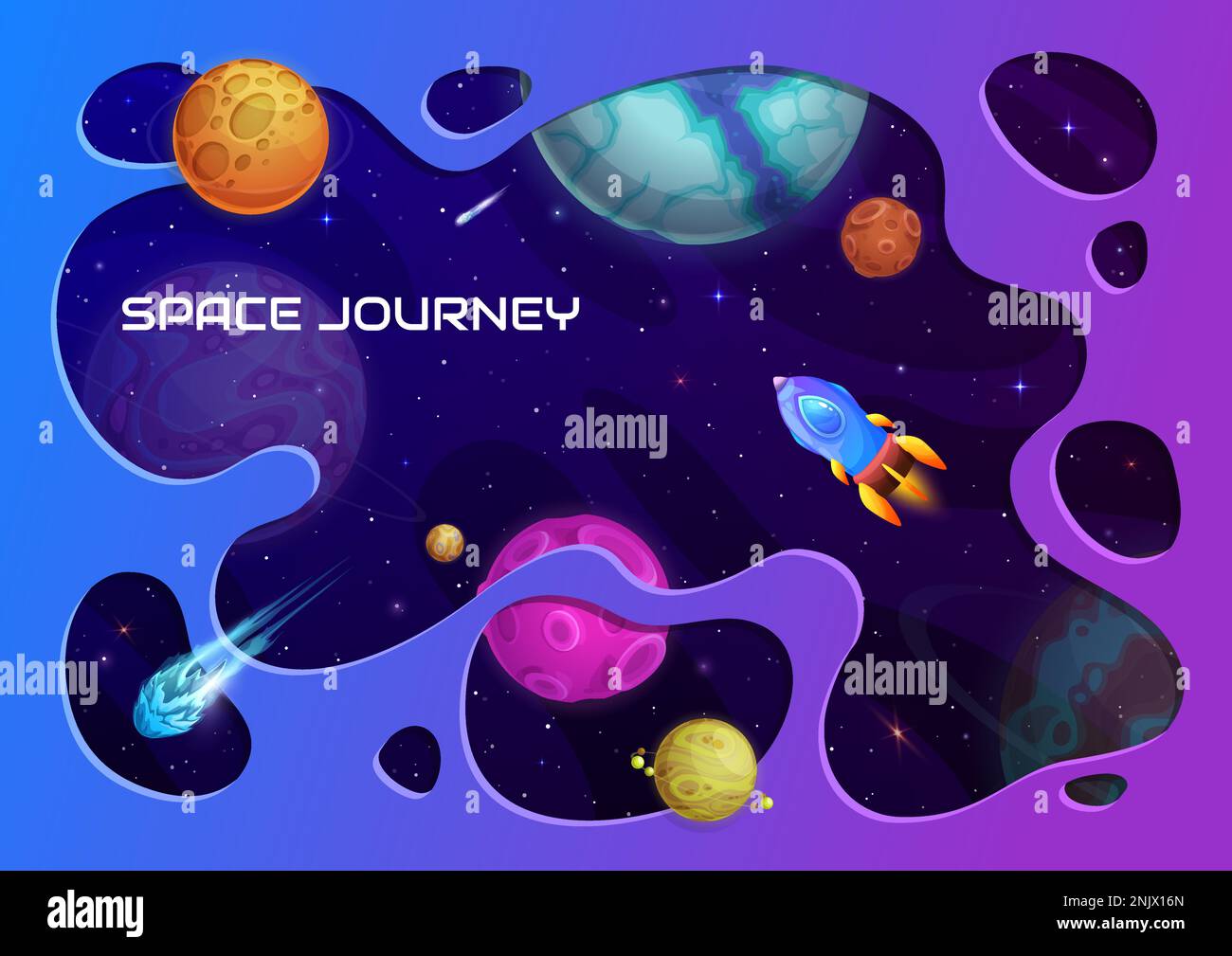 Paper cut space landscape. Galaxy planets and rocket spaceship. Cosmos ...