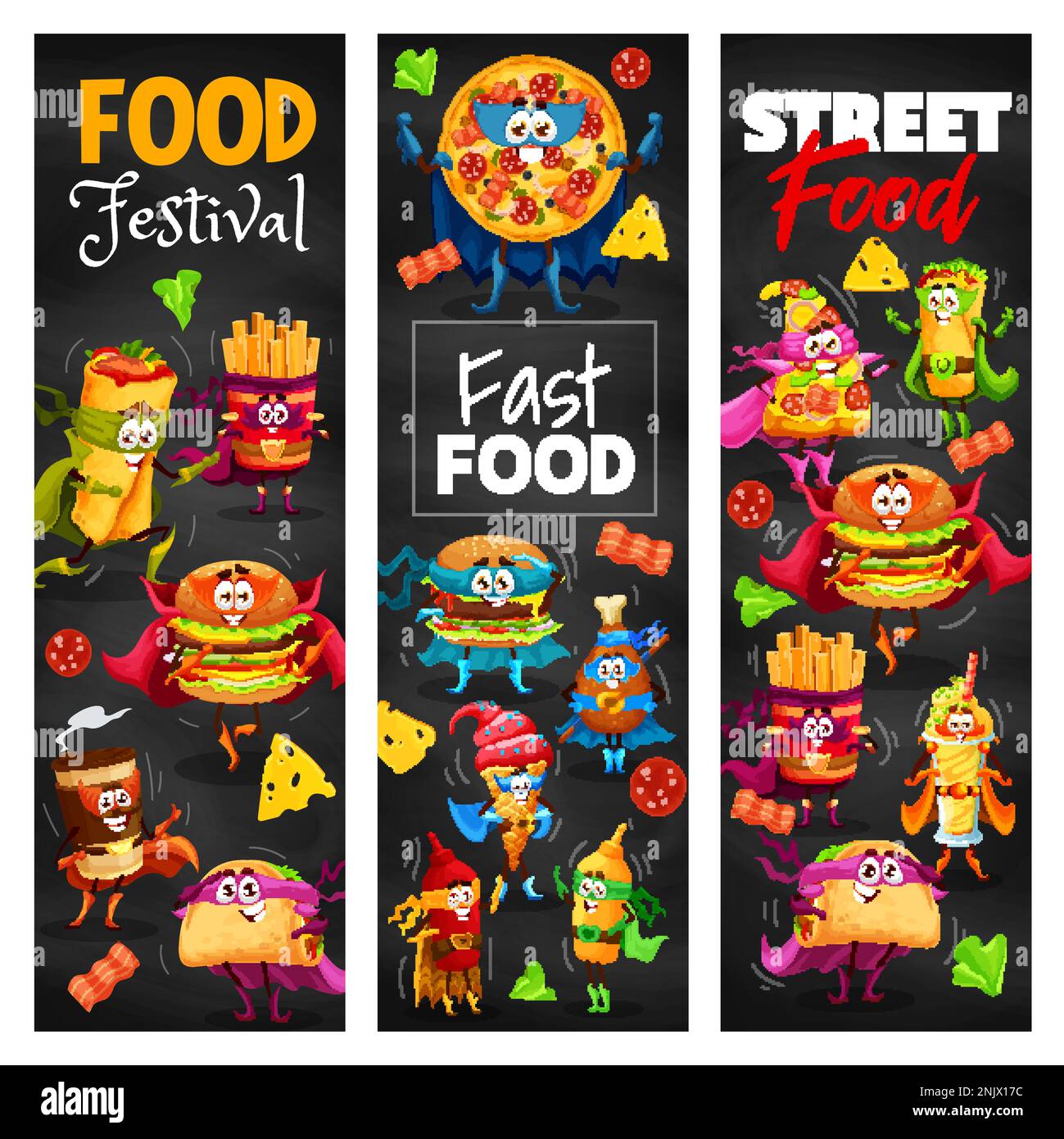 Cartoon fast food superhero characters. Takeaway restaurant vertical ...