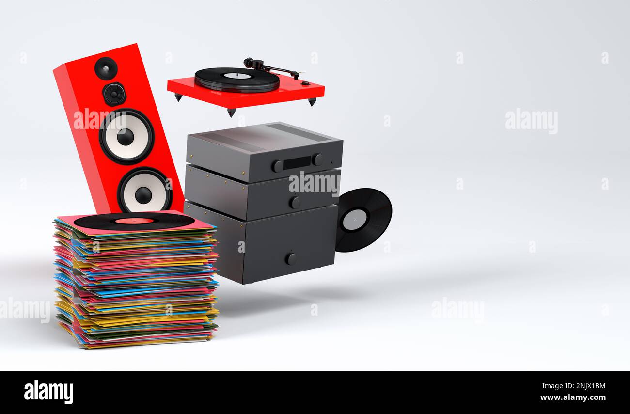 Set of Hi-fi speakers with loudspeakers and DJ turntable with vinyl LP ...