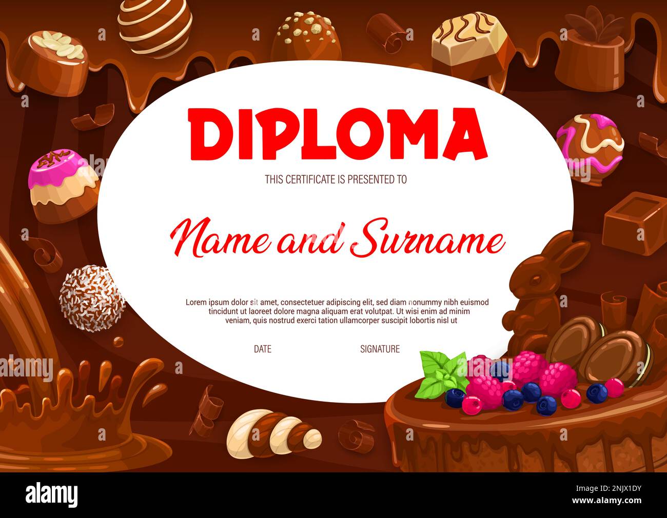 Kids diploma milk chocolate, praline and fudge candy, souffle, truffle ...