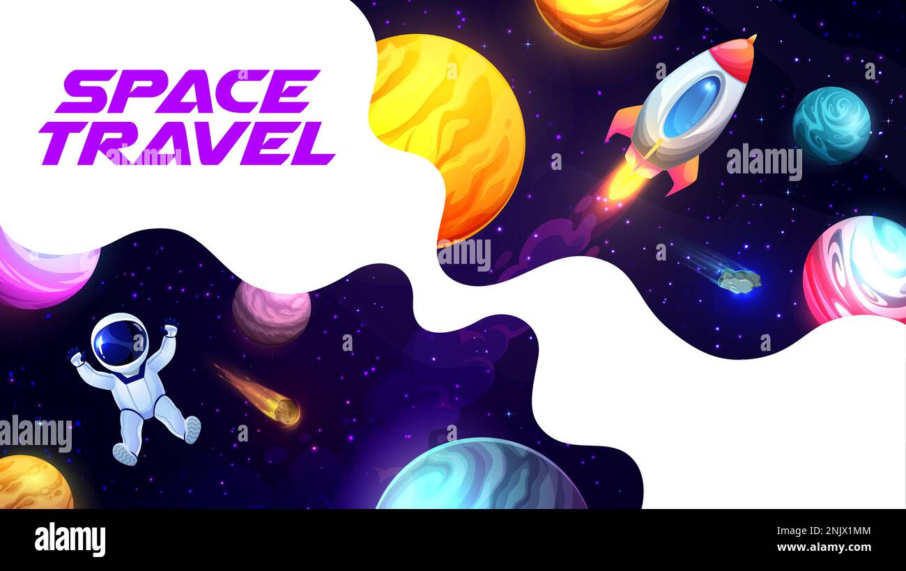 Space travel poster. Cartoon astronaut in outer space between planets ...