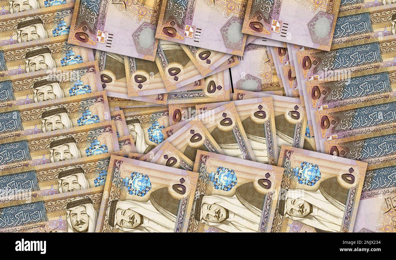 Jordan Dinar banknotes in a cash fan mosaic pattern. Jordanian 50 JOD ...
