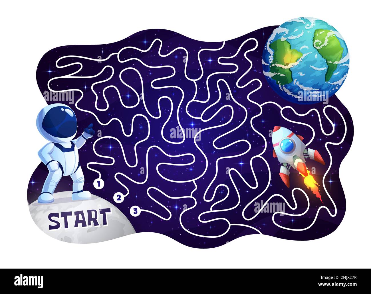 Labyrinth maze cartoon astronaut and space rocket. Kids vector ...