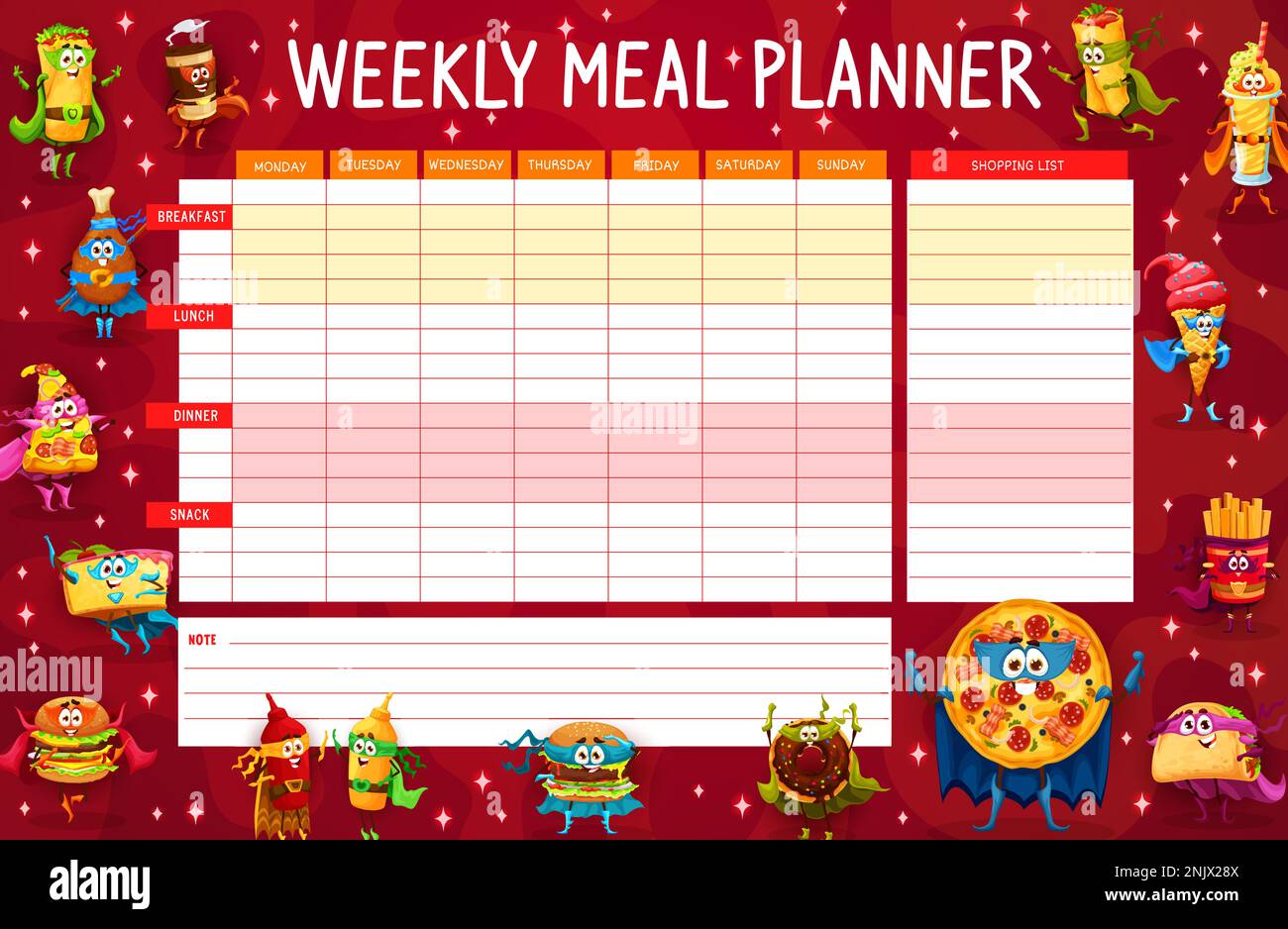 Weekly meal planner. Fast food characters. Nutrition daily calendar ...