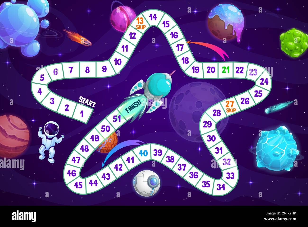 Kids board game astronaut in outer space, galaxy with planets and ...
