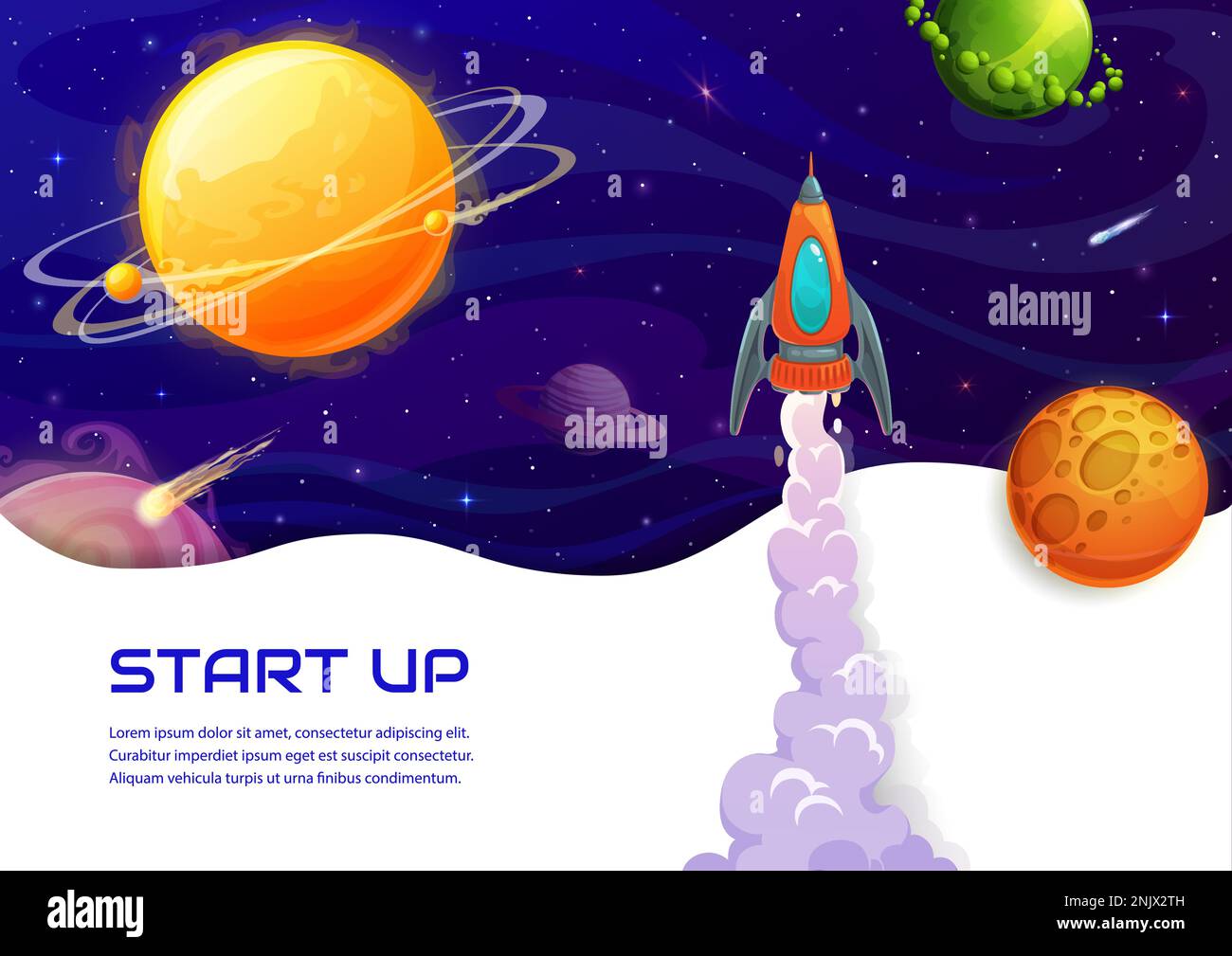 Space landing page. Cartoon rocket spaceship launch and galaxy planets ...
