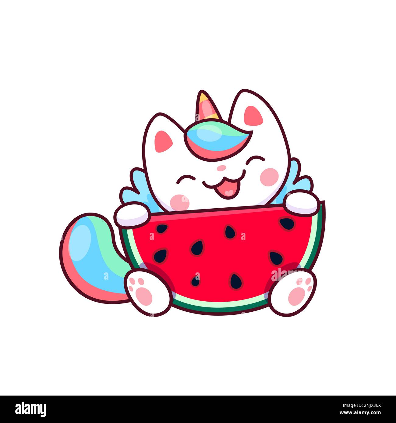 Cartoon cute kawaii caticorn character with watermelon. Vector winged ...