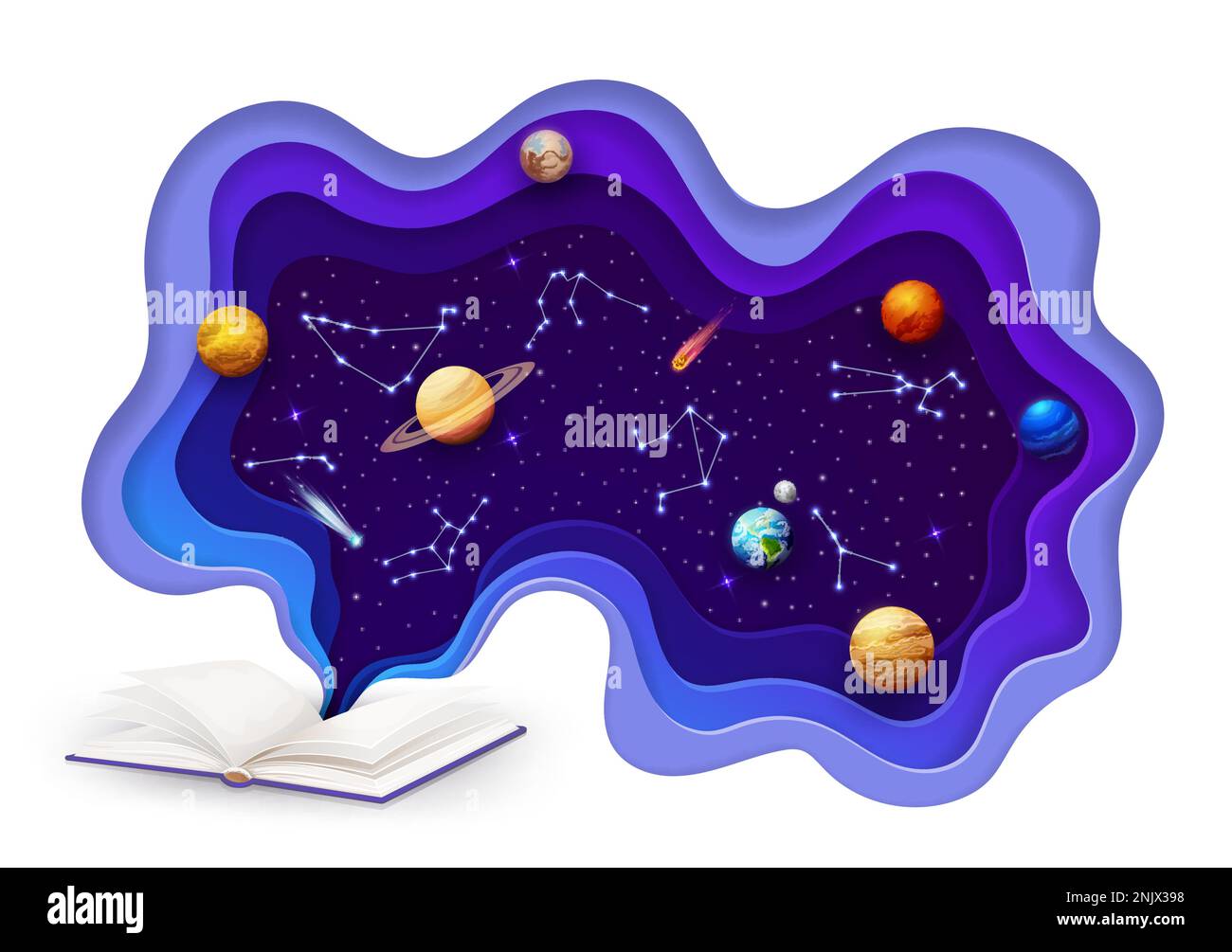 Space paper cut with opened book, planets and galaxy constellations ...