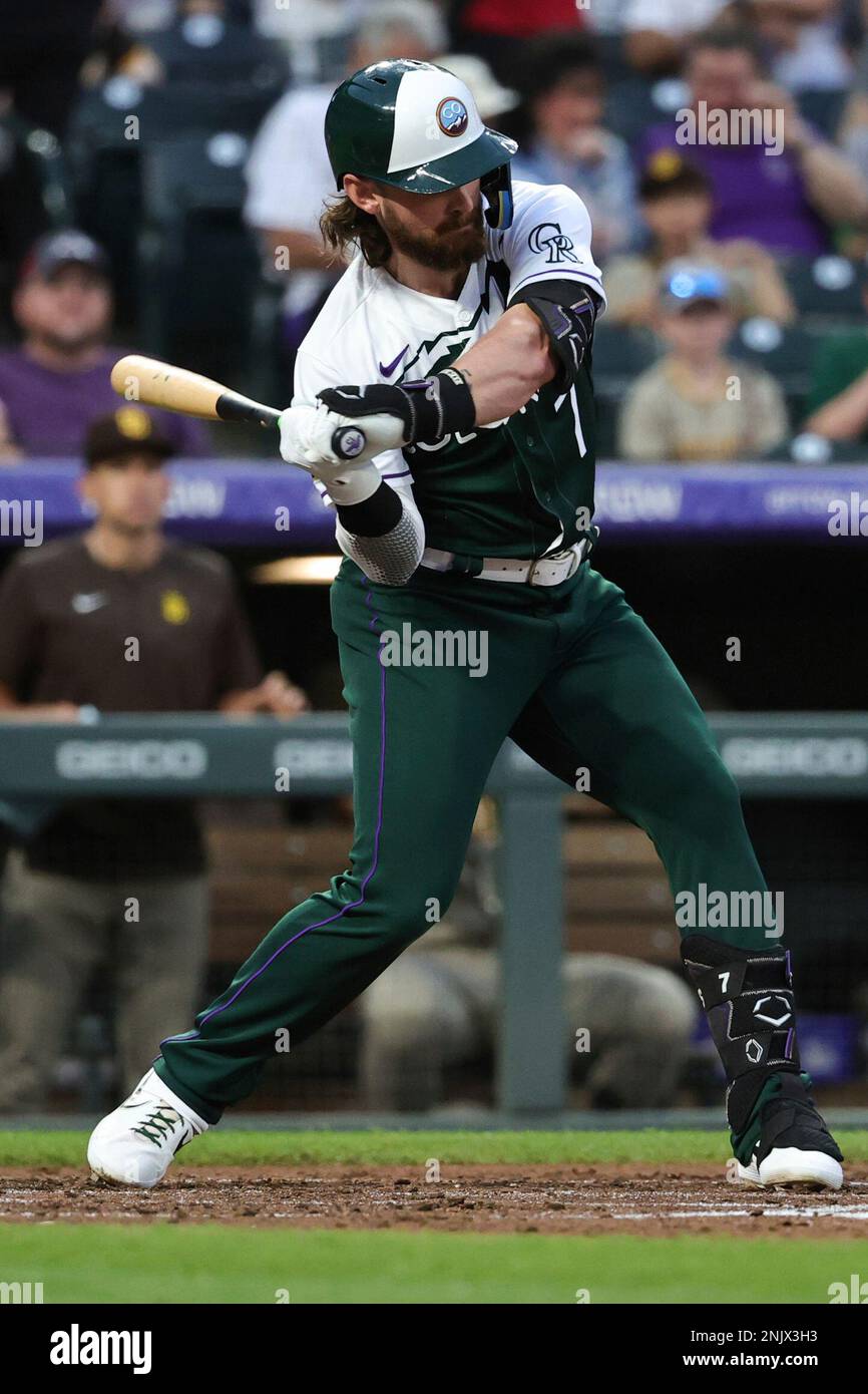 Colorado Rockies second baseman Brendan Rodgers (7) swings at the pitch ...