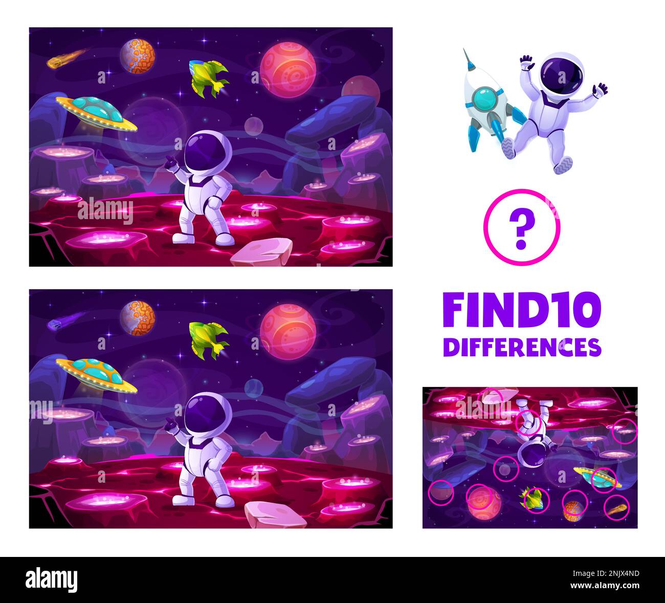 Find ten differences cartoon astronaut on space planet surface with ...