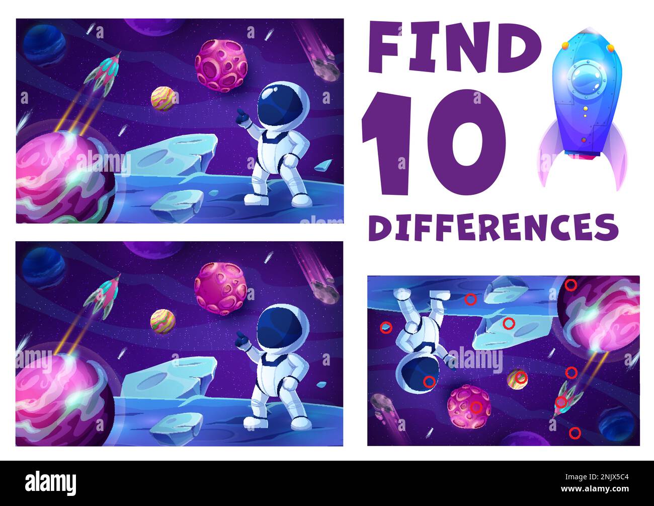 Find ten differences cartoon astronaut on space planet surface. Vector ...